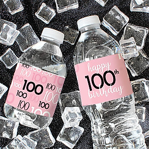 Pink, Black, and White 100th Birthday Party Water Bottle Labels - 24 Waterproof Wrappers - Pink Birthday Decorations for Women