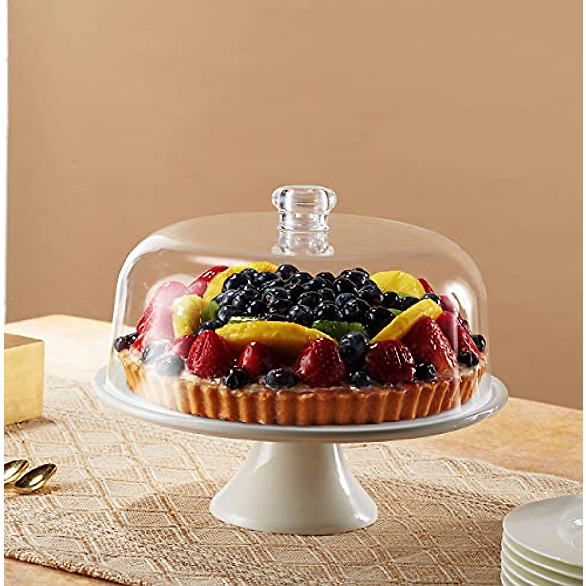 Godinger Cake Stand, Ceramic Footed Cake Plate Server with Shatterproof Acrylic Dome Lid