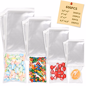600PCS Clear Resealable Self Adhesive Cello Bags with 4 Sizes 3.5×5, 4×6, 5×7, 6.3×6.3 inch Great for Packaging Cookies, Bakery, Candies, Dessert