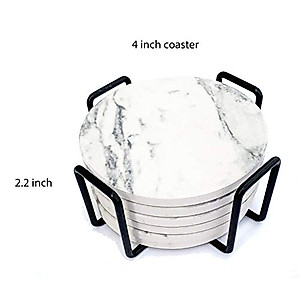 Coasters for Drinks, 6 Ceramic Marble Print Stone Coasters with Premium Black Holder (Off White)