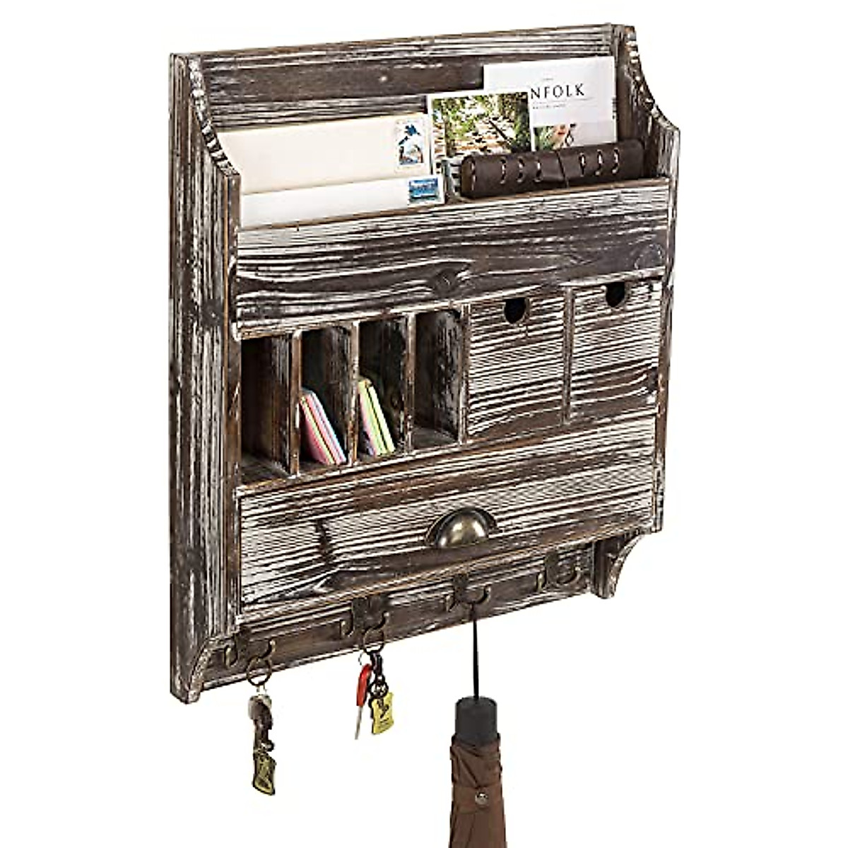 MyGift Torched Wood Entryway Wall Organizer with Mail Holder Organizer, Accessories Storage Compartments, Pull Out Drawers and Dual Key Hooks