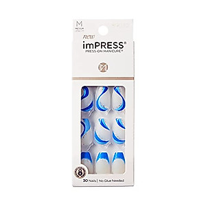 KISS imPRESS Press-On Manicure Fake Nails, Medium Coffin, Mesmerize, Blue, Comfortable, Super Hold Adhesive, No Glue/Polish, Chip Proof, No Dry Time, Smudge Proof, Waterproof | 30 Count
