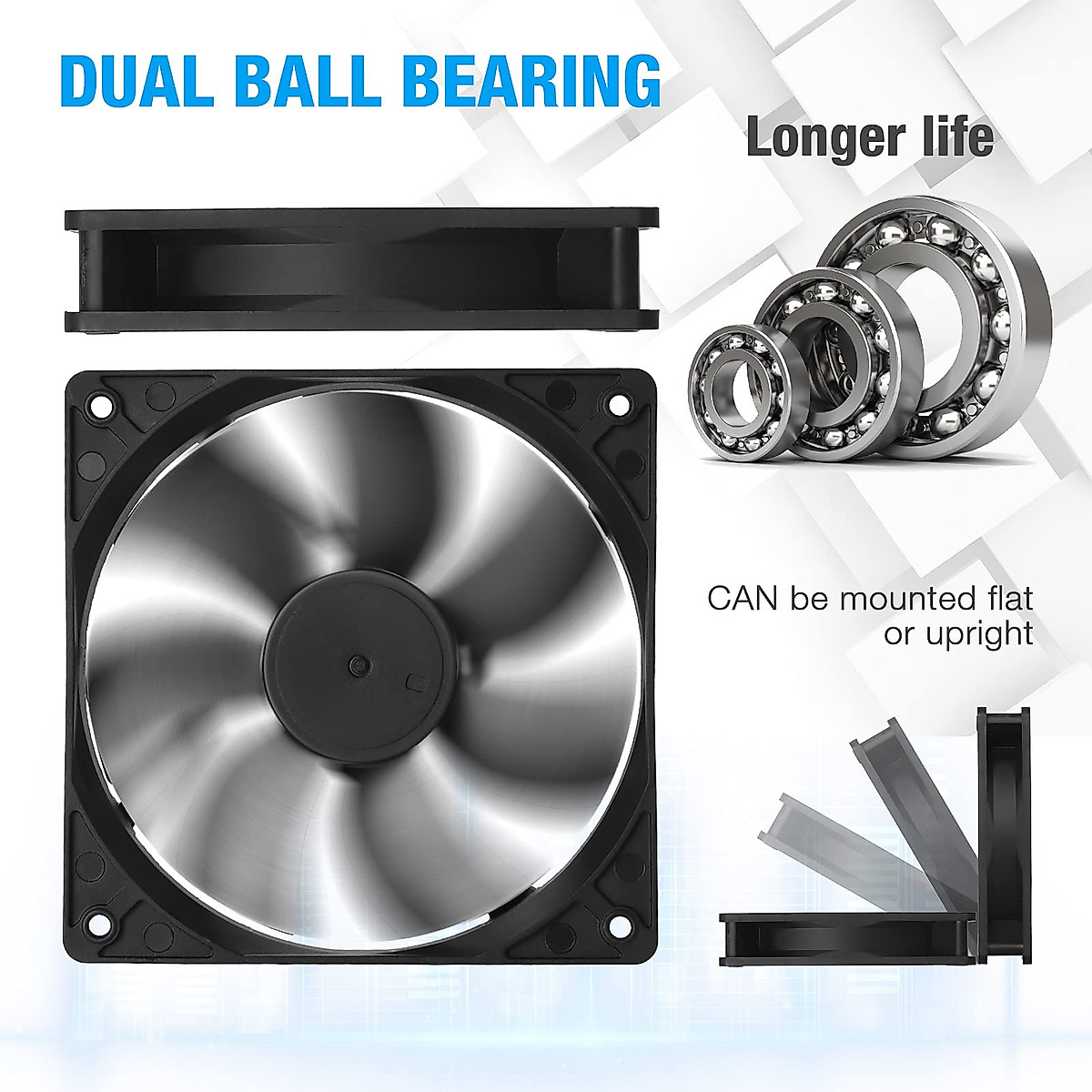 Pinfox 12V DC 120mm Quiet Cooling Fan Silent, Variable Speed Control by 5V to 12V Input, Dual Ball Bearings 3 Pin for PC Computer Case, Home Theater Cabinet, Receiver DVR Xbox, Incubator