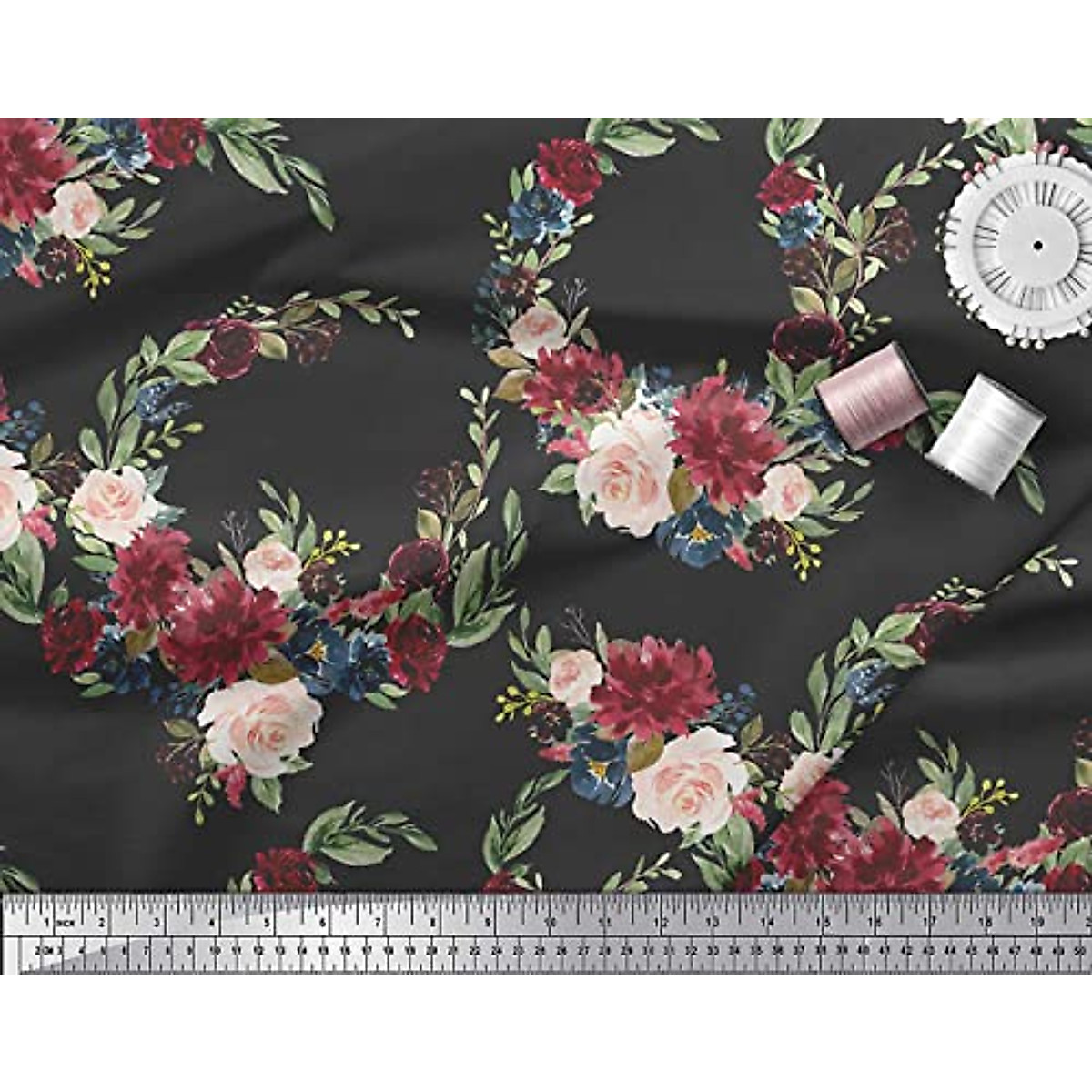 Soimoi Black Cotton Canvas Fabric Ranunculus & Penoy Floral Print Printed Craft Fabric by The Yard 44 Inch Wide