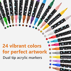 24 Colors Dual Tip Acrylic Paint Marker Pens Set, Multifunctional Acrylic Tips with Laser Pen Body, Professional Acrylic Paint Pens for Wood, Canvas, Rock Painting, Glass, DIY Crafts Art Supplies