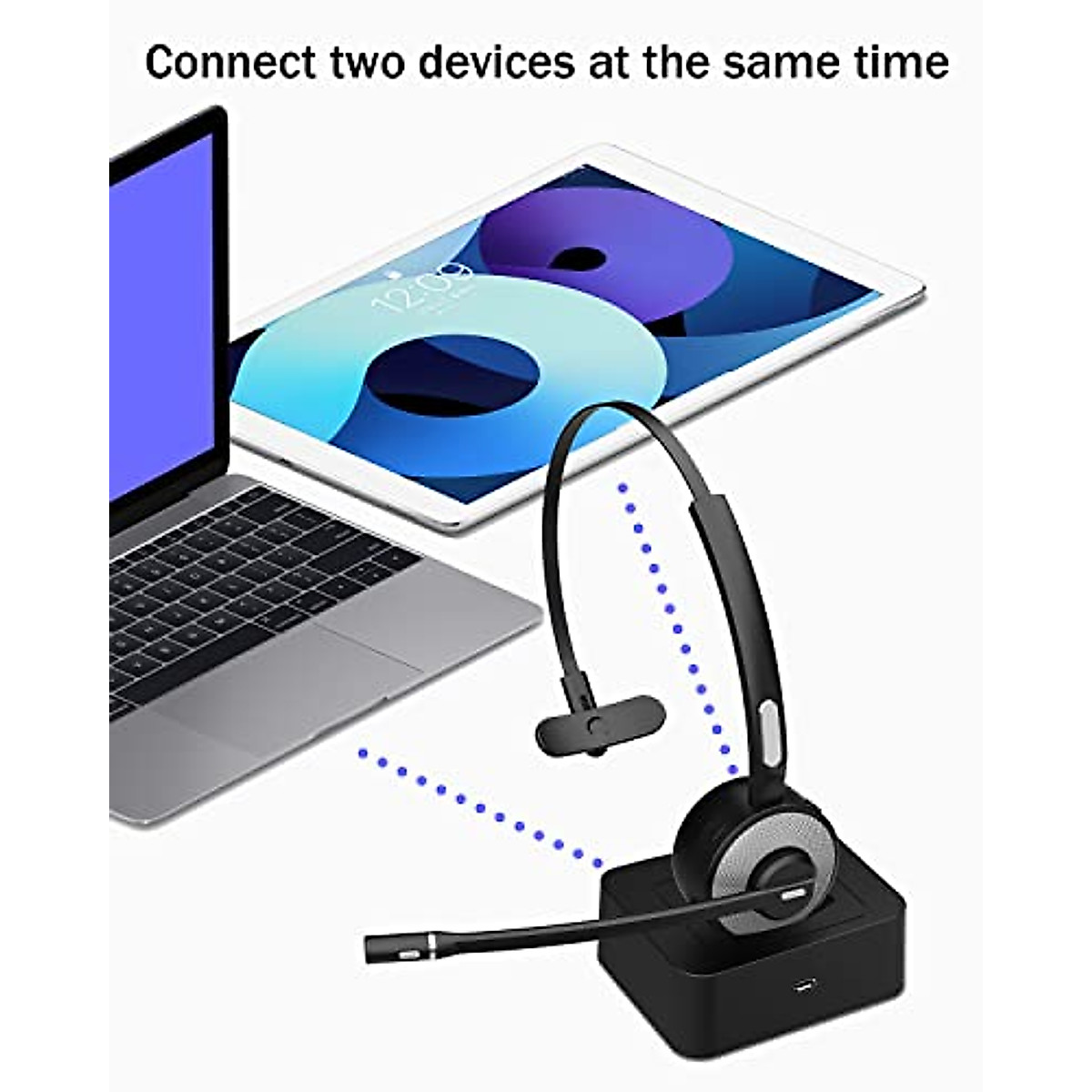 ASIAMENG Bluetooth Headset with USB Dongle/Adapter, Single-Ear Wireless Headset with Noise Cancelling Microphone Mute Key Charging Base/Stand for Computer PC Laptop Cell Phones Trucker Office Home