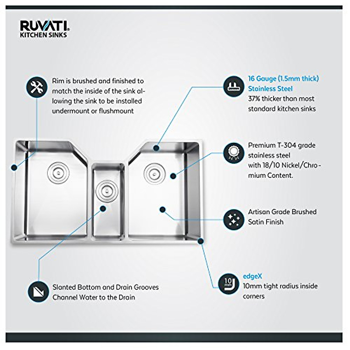 Ruvati 35" Triple Bowl Undermount 16 Gauge Stainless Steel Kitchen Sink - RVH8500