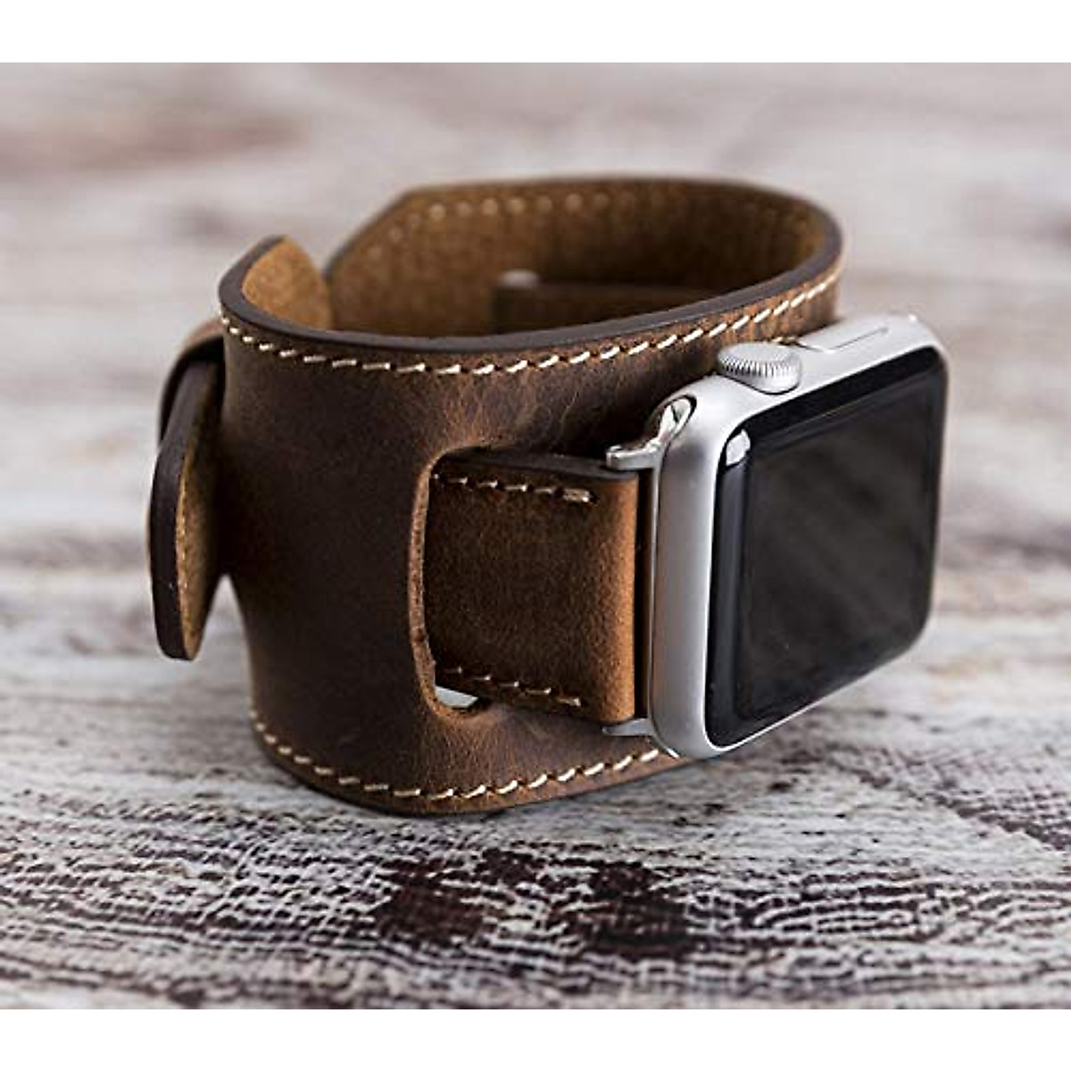 VENOULT Brown iWatch Series 8 Compatible Apple Classic Watch Cuff Bands for Man or Women 45mm, 44mm, 41mm, 40mm, Series 8-1 Dark Brown Genuine Leather Bull Strap, HANDMADE