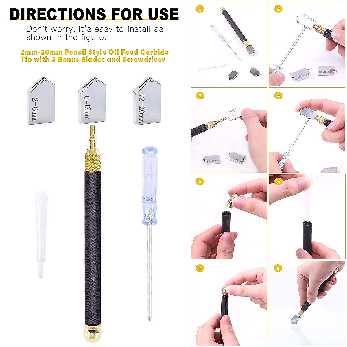 Mardatt 9 Pcs Glass Cutting Tool Set Kit Includes Adjustable Circular Glass Cutter, Glass Running Pliers with Rubber Tip, 2mm-20mm Oil Feed Carbide Tip with 3 Bonus Blades for Mirrors Tiles Mosaic