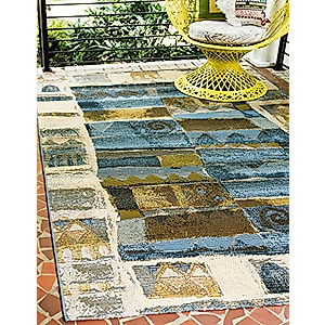 Unique Loom Outdoor Modern Collection Area Rug - Glyph (8' x 11' 4" Rectangle, Blue/ Beige)