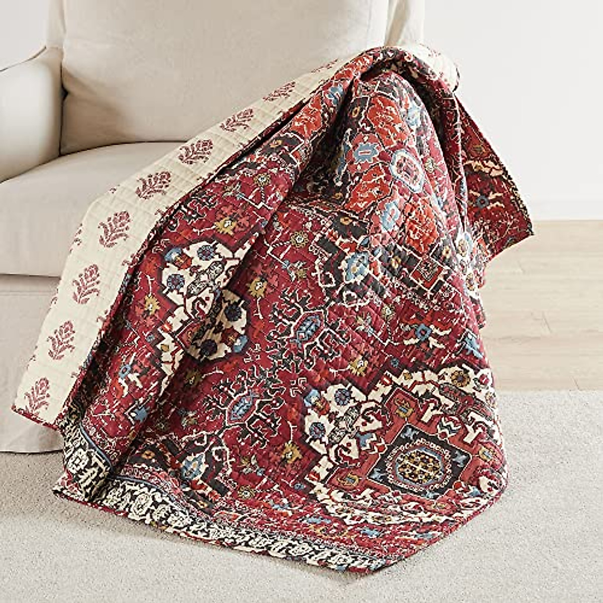 Levtex Home - Khotan Red - Throw - Bordered Medallion - Burgundy Red Cream Blue Green - Throw 50x60in. - Cotton/Cotton