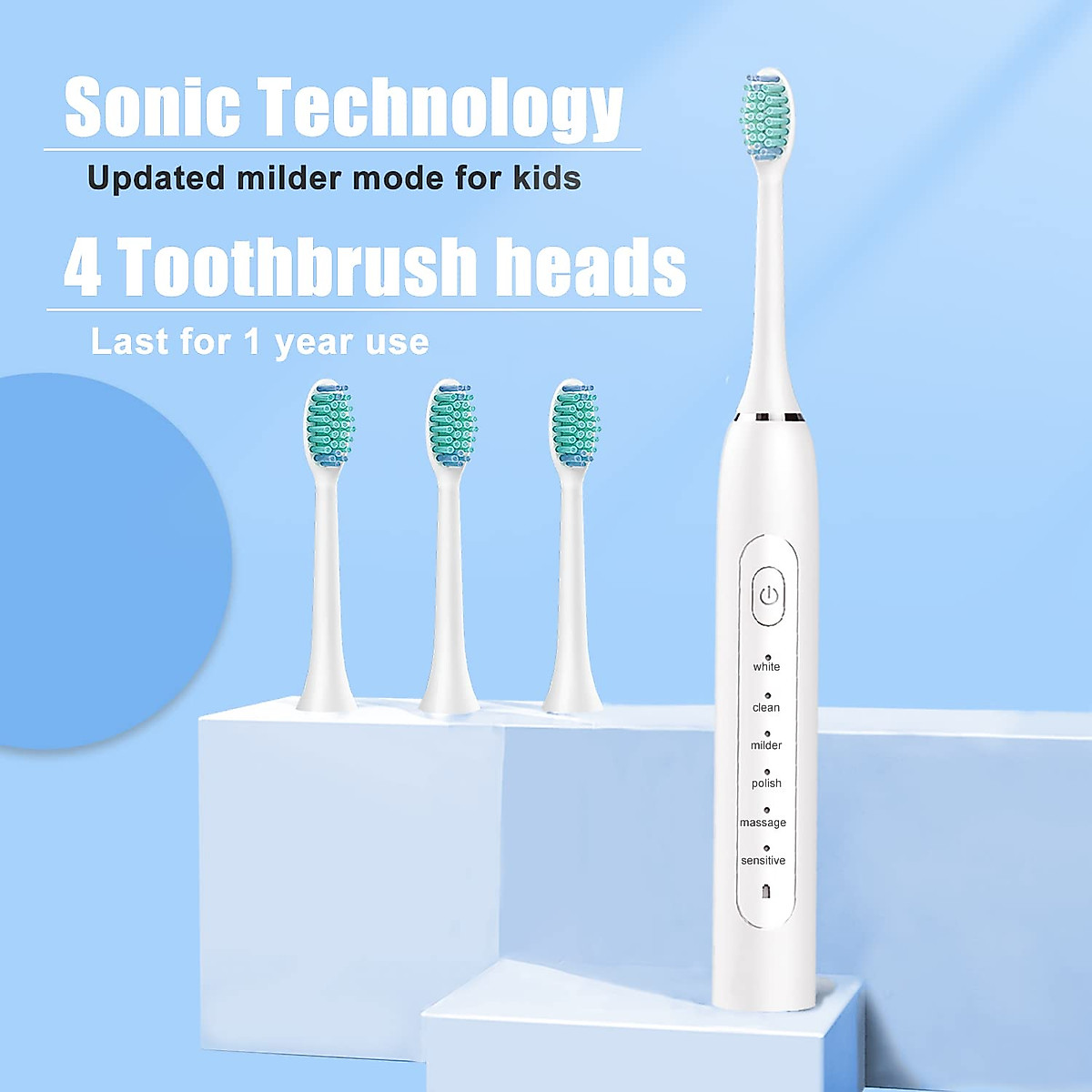 AUWISH Sonic Electric Toothbrush for Kids and Adults with 6 Modes, 4 Medium Brush Heads, Fast Charge, and Timer Reminder, White
