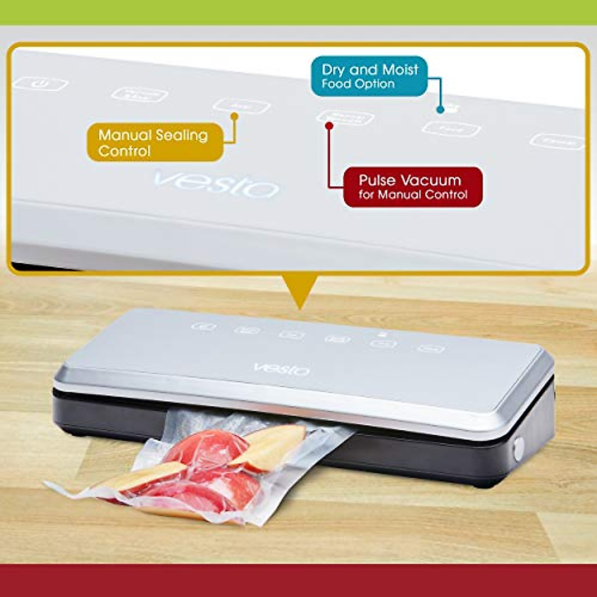 Vacuum Sealer by Vesta Precision - Vac 'n Seal | Extends Food Freshness | Perfect for Sous Vide Cooking | Dry and Moist Food Mode | Automatic and Manual Vacuum Mode