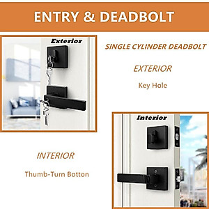 Probrico Square Entry Levers and Single Cylinder Deadbolts Combo Pack, Flat Black Keyed Alike Heavy Duty Keyed Entry Handles Locksets Reversible for Right and Left Side, 2 Pack(All Same Keys)