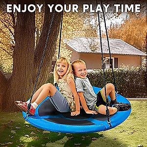 TURFEE 40" Blue Saucer Tree Swing Set 900D Heavy-Duty Waterproof Oxford Fabric Platform Swing Seat with Carabiners and Adjustable Ropes for Kids Playground Outdoor Activity Backyard Fun Daily Exercise