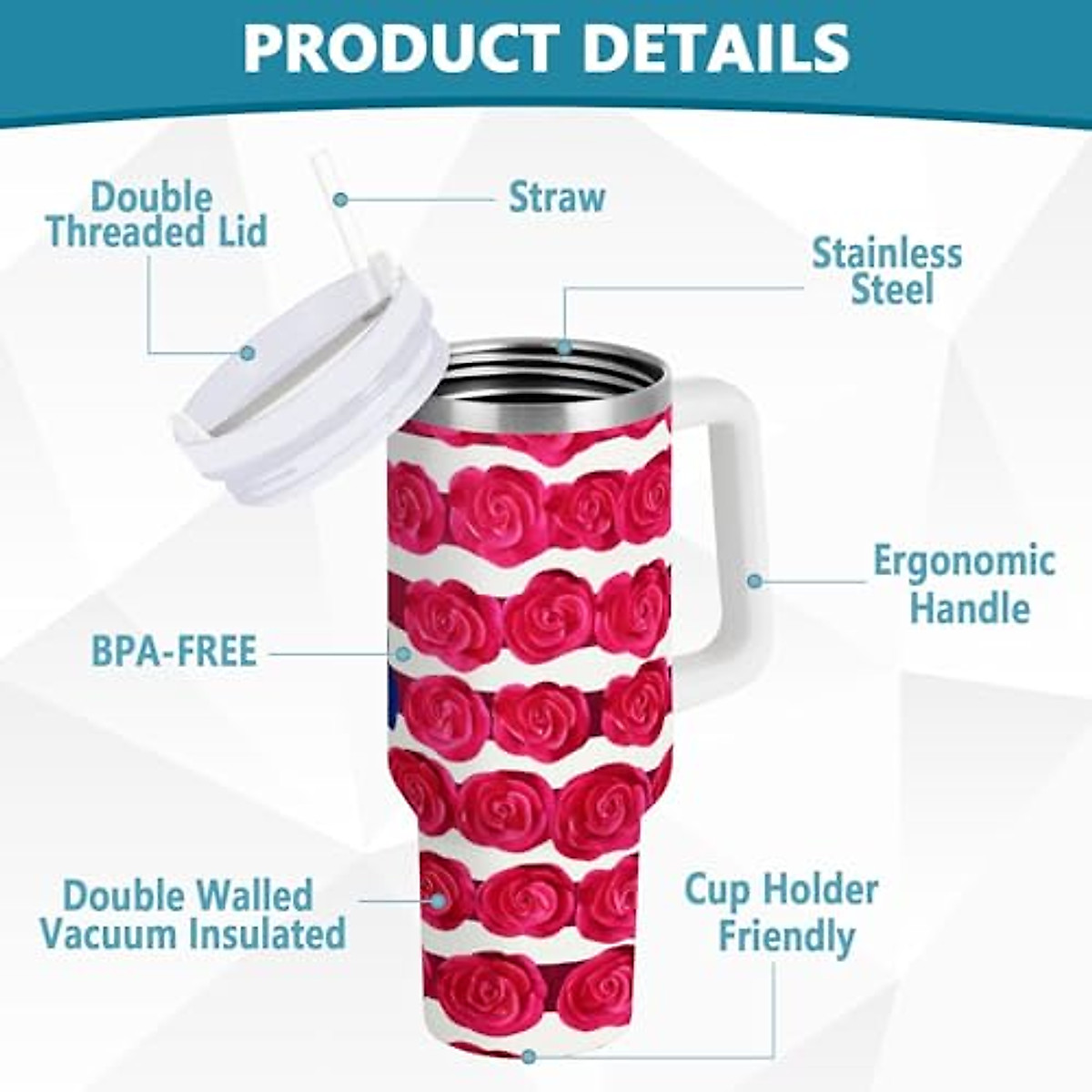 ODAWA Large Red Roses American Flag Insulated Tumblers with Handle and Straw Lid, 2 in 1 Lid Insulated Stainless Steel Tumblers
