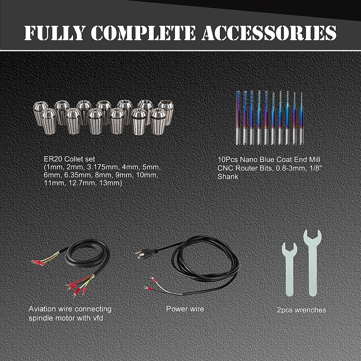CNC Spindle Motor Kits, 220V 2.2KW Φ80mm Air Cooled Spindle CNC Spindle CNC Motor + 2.2KW VFD+Φ80mm Clamp Mount + Collet kit ER20+ Drill bits+ Wires for CNC Router Machine