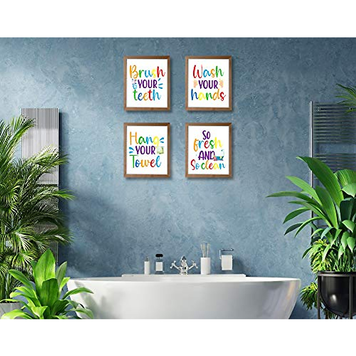 WhatSign Funny Bathroom Quote Art Print, Kids Bathroom Decor,Farmhouse Bathroom Decor,Bathroom Rules Typography,Signs & Rules Decorations ,Set of 4, 8" x 10", Unframed