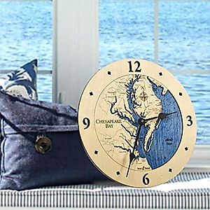 Sea & Soul Chesapeake Bay 3-D Nautical Wood Chart 12" Wall Clock, Handcrafted in The USA, Topographic Water Map Clock, Carved Lake Art Wall Clock, Coastal Décor (Deep Blue)