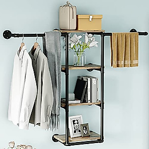 Wall Mounted Pipe Clothing Rack with Shelves, Industrial Clothes Rack with 4 Tier Closet Bar Heavy Duty Iron Garment Rack, Retail Display Clothes Rod for Hanging Clothes,Laundry Room (Black)