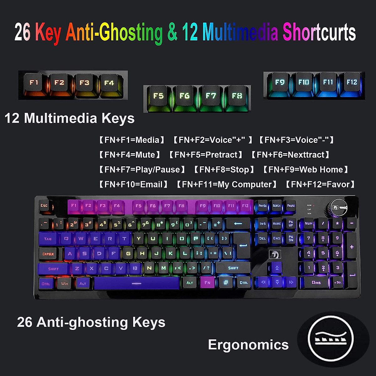 Rechargeable Gaming Keyboard Mouse Combo,2.4G Wireless,16 Kinds of RGB LED Backlit,Mechanical Feeling Keyboards with Knob Control,2400dpi Ergonomic Mouse with 7 Color Breathing LED Light (Black RGB)