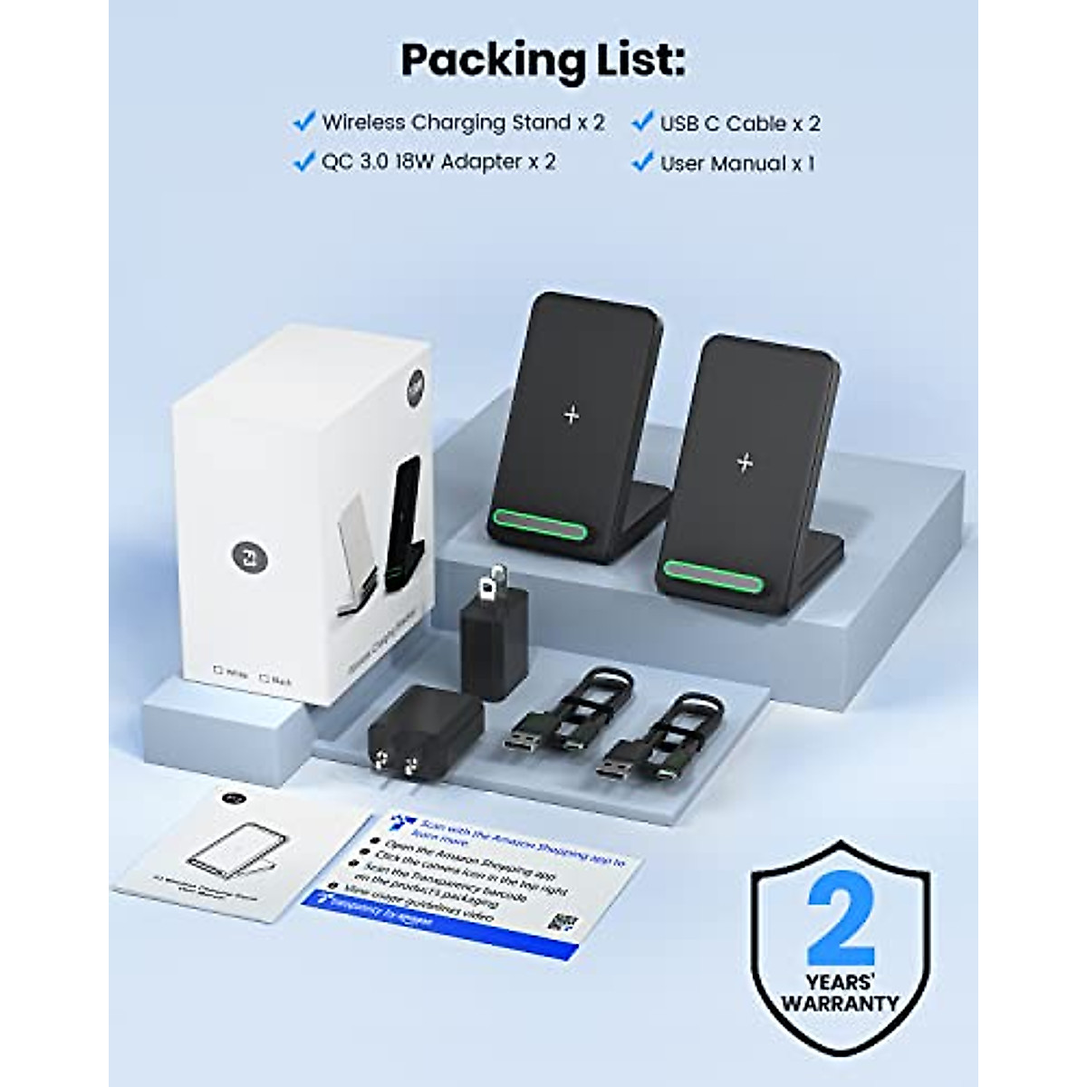 GEEKERA Wireless Charger, 2 Pack Wireless Charging Stand, Qi-Certified Charging Station for iPhone 13/12/11/Pro/Pro Max/Mini/X/Xr, Wireless Charging Station for Samsung Galaxy Series (With AC Adapter)