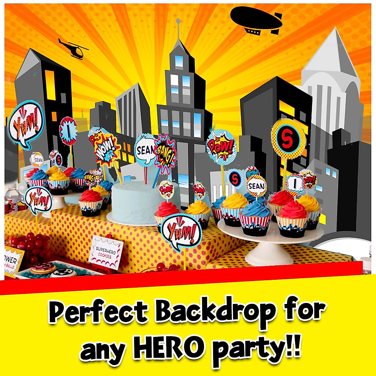 Bigtime Signs XL Superhero Backdrop with 6 Comic Action Word Photo Booth Props - Compliments Any Superhero Party Decorations - 4 x 6 ft - Cityscape Superhero Birthday Decorations Hangs on Wall Easily