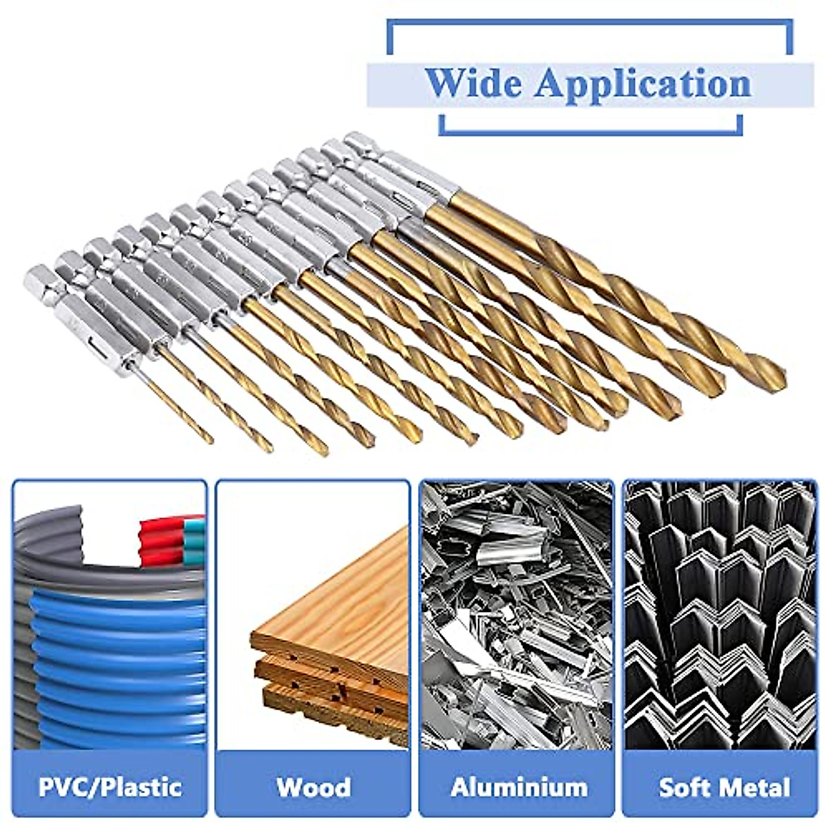 Mesee 13 Pieces Titanium Coated HSS Twist Drill Bit Set, Hex Shank High Speed Steel Drill Bits 1.5mm-6.5mm Quick Change Woodworking Drilling Tool