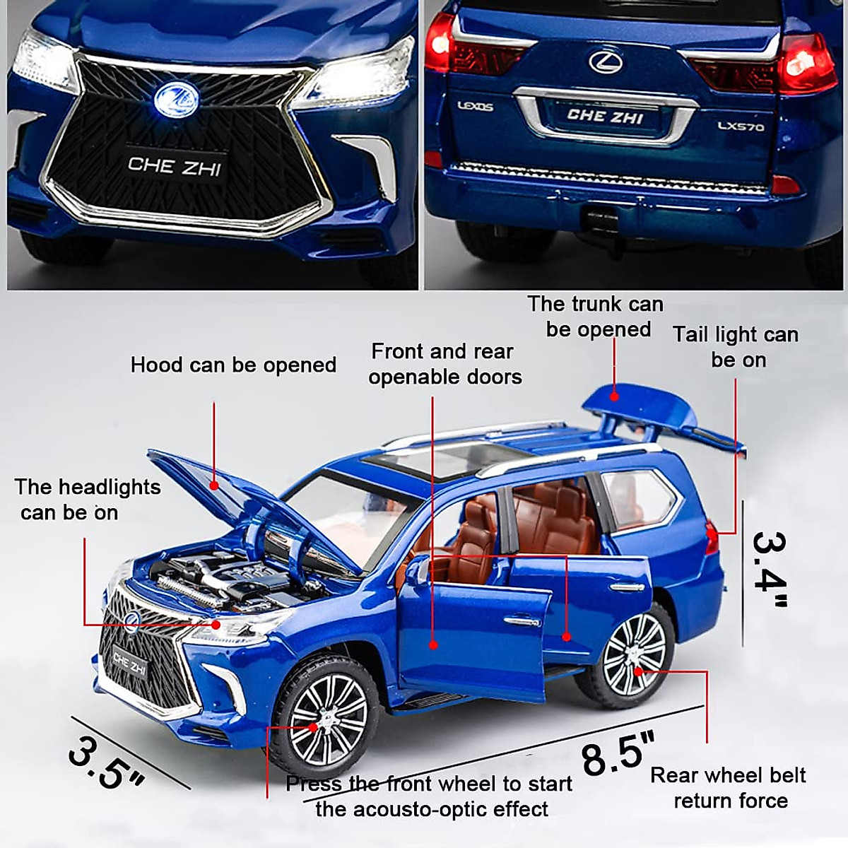 EROCK Exquisite car Model 1/24 Lexus 570 Off-Road in Luxury SUV Model Car, Zinc Alloy Pull Back Toy car with Sound and Light for Kids Boy Girl Gift