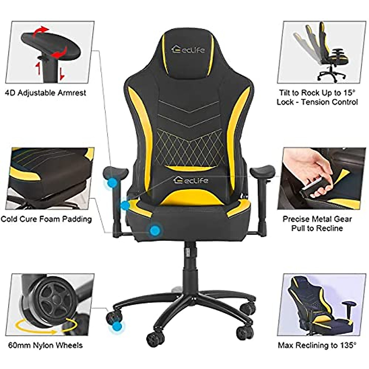 Gaming Chair Racing Massage Computer Chair - Cushioned Comfort High Back PU Leather USB Vibrator Ergonomic Recliner Home Office Video Game for Kids for Gift (Yellow, D06-M)