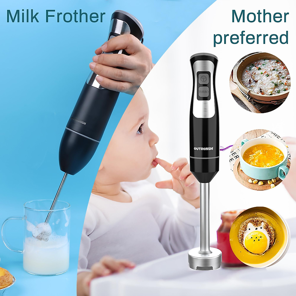 Immersion Blender Handheld, OUTRONSM Hand Blender with 4-point thickened SS blades, Milk Frother, Egg Whisk for Coffee Milk Foam, Puree Baby Food, Smoothies, Sauces and Soups – Black