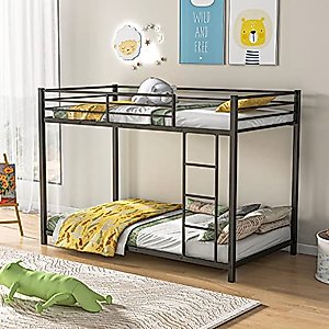 Giantex Metal Bunk Bed Twin Over Twin, Low Profile Bunk Bed Frame with Ladder & Full Length Guardrail, Space-Saving Twin Size Bed Frame for Kids Teens, No Box Spring Needed, Black