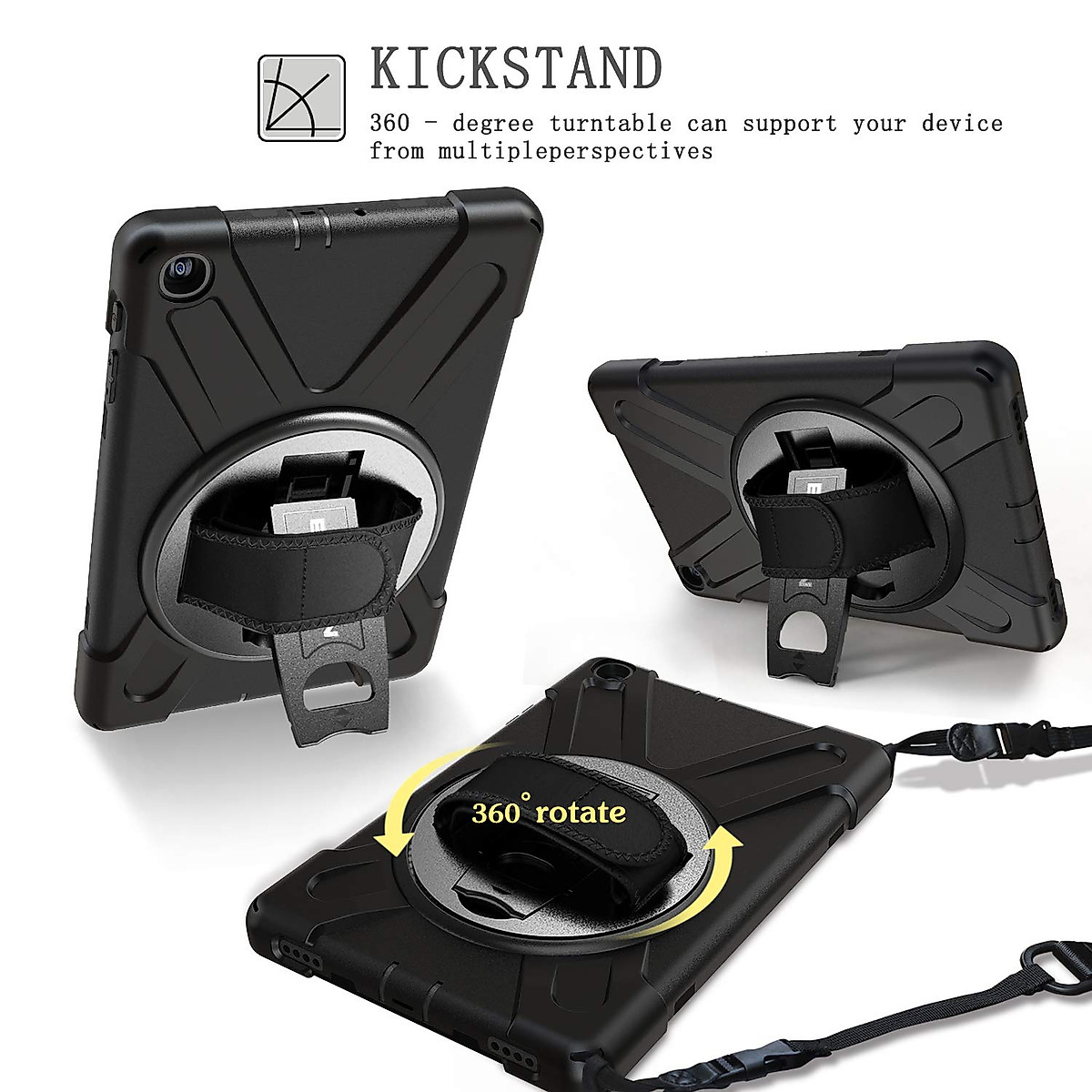 BRAECN for Galaxy Tab A 10.1 2019 Case, Heavy Duty Shockproof Rugged Case with 360 Degree Rotating Hand Strap/Stand and Shoulder Strap for Samsung Tab A 10.1 SM-T510/T515 2019 (Black)