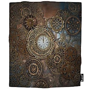 Mugod Clock and Gears Throw Blanket Rusty Steampunk Clock and Gears Bronze Old Vintage Soft Cozy Fuzzy Warm Flannel Blankets Decorative for Bed Chair Couch Sofa 50x60 Inch