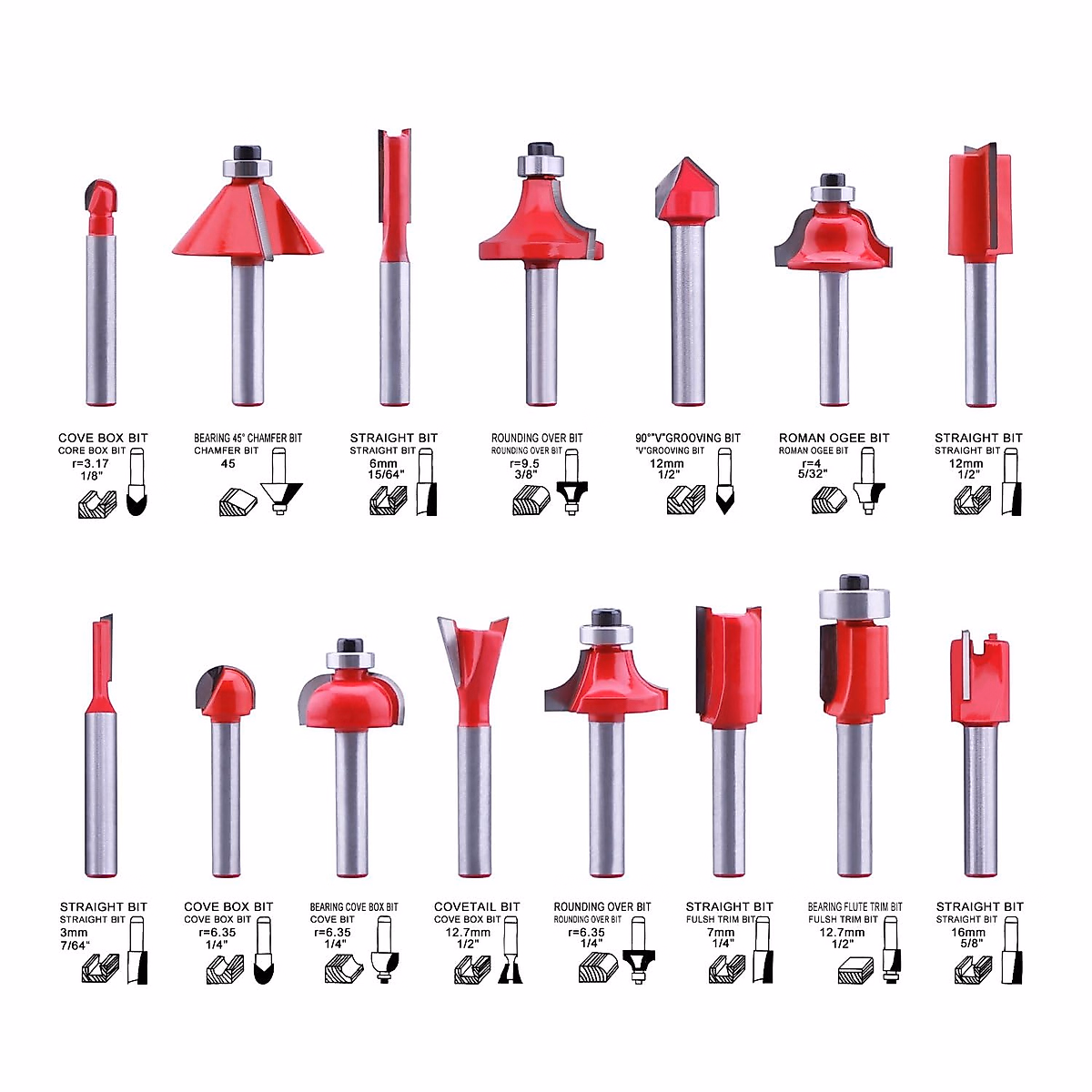 LU&MN Carbide Tipped Router Bits (15 PCS) with 1/4" Shank, Wood Milling Saw Cutter , All Purpose (Woodworking Tools for Home Improvement and DIY)