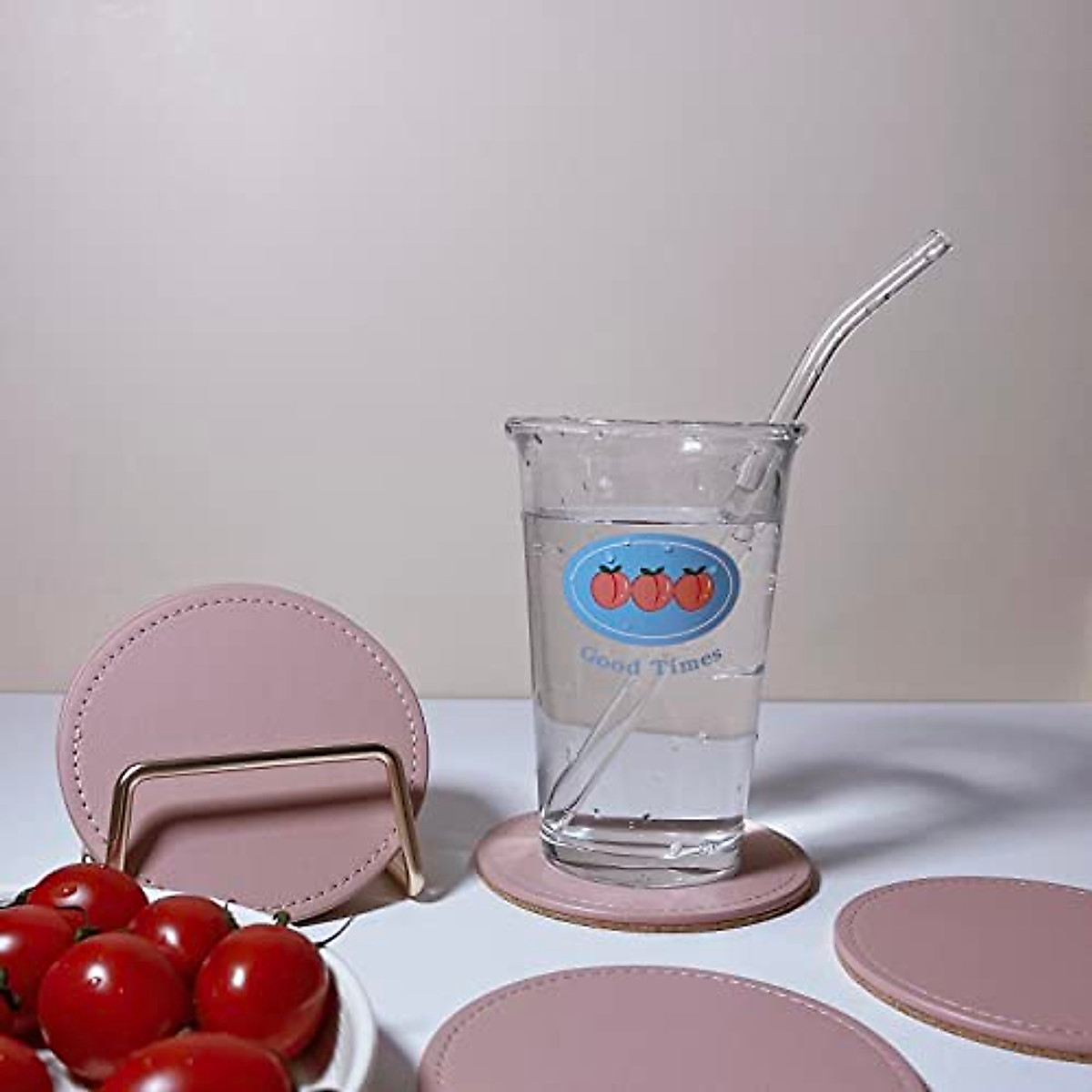 Drawwind Coaster Set of 6 with Metal Holder, Leather Coasters for Drinks with Cork Base, Pink Coaster for Coffee Table, House Warming Gift for New Home Decor