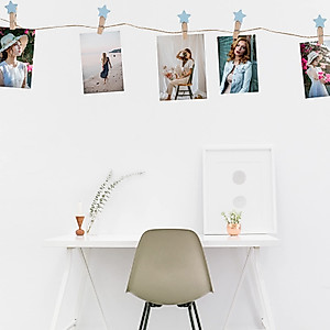 HEALLILY 100pcs Mini Wooden Clothespins Star Shape Wall Hanging Photo Clips Picture Pegs Craft Clips with Hemp Rope Blue