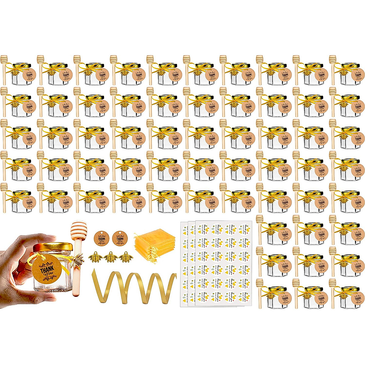 DnayDkiy 60-Count Mini Hexagonal Glass Honey Jars with Dippers - Perfect Party Favors for Baby Showers - Includes Gold Bee Charms, Thank You Cards, Stickers, Gift Bags, and Silk Ribbon