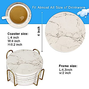 6 Pcs White Marble Coaster Set with Holder Best Absorbent Coasters Drink Coasters Ceramic Bar Coasters Wine Cute Stone Coasters Thirstysone Table Cup Modern Coasters