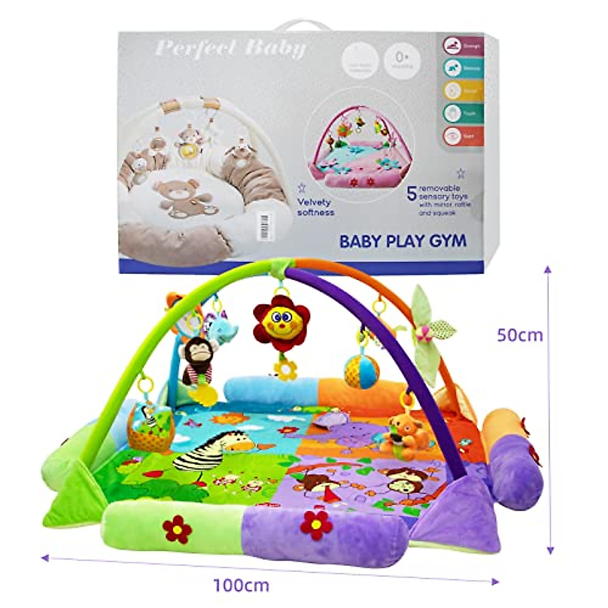 Baby Play Gym Activity Mat - Baby Gyms with 5 Sensory Toys and 1 Gym Mat for Sensory and Motor Skills Development Language Exploration for Baby Multiple Development Gifts for Toddlers