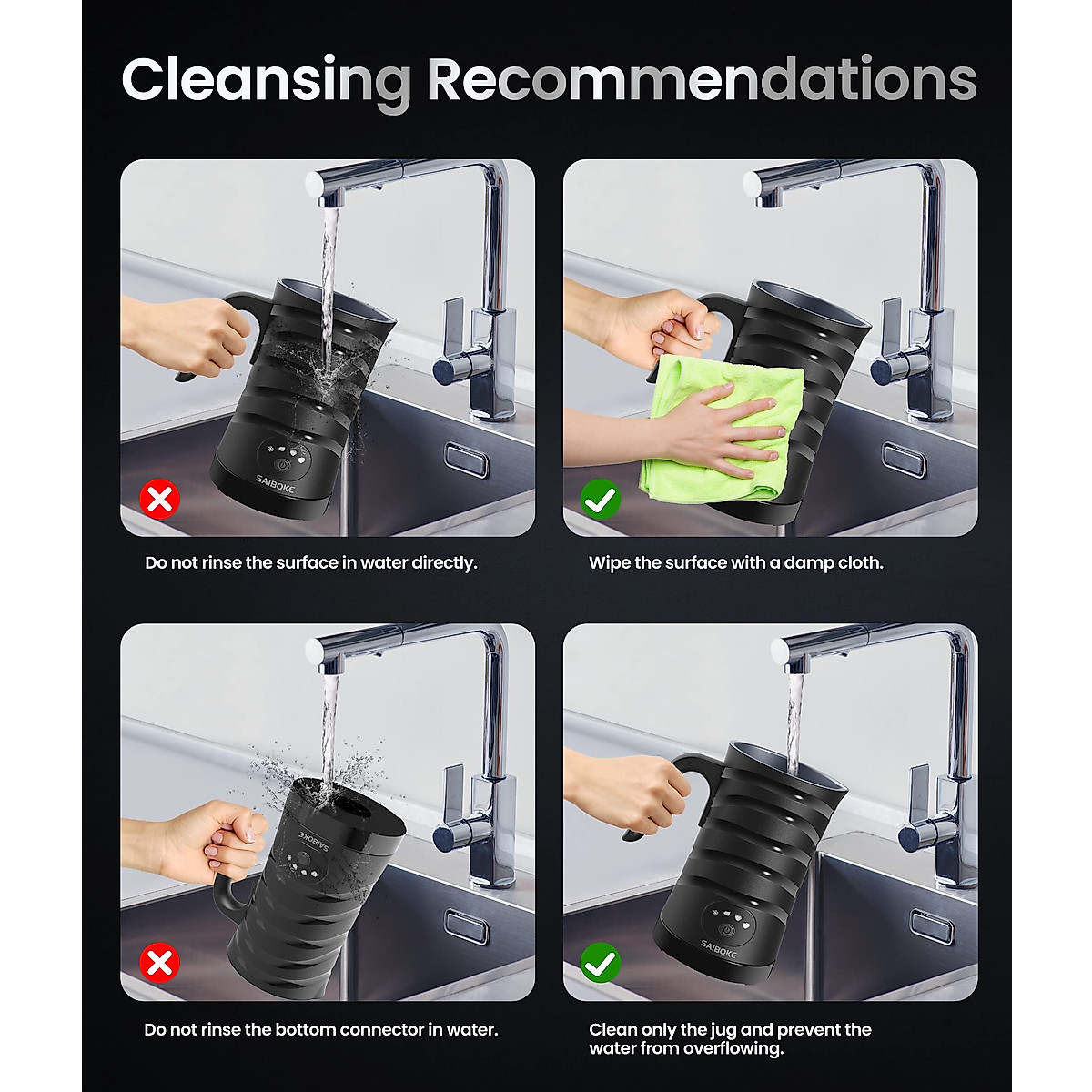 Milk Frother, SAIBOKE 4-in-1 Electric Milk Steamer，Automatic Hot & Cold Foam Maker, 8.8oz/260ml Milk Warmer for Latte, Cappuccinos, Macchiato. Ultra-Quiet Working & Automatic Shut Off.