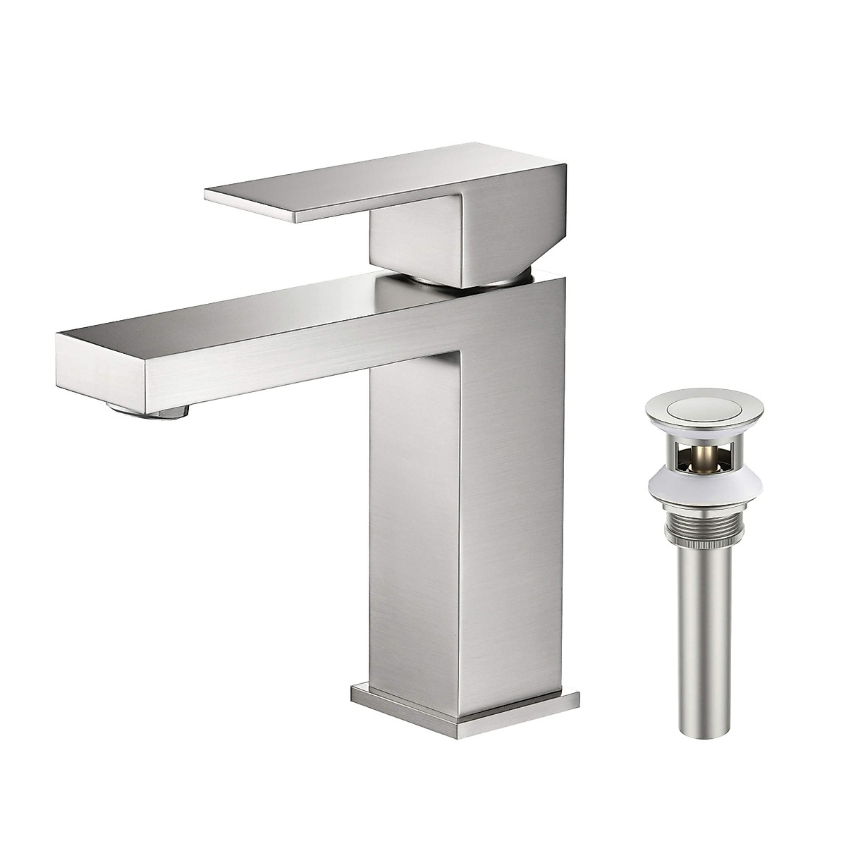KIBI F202 Brushed Nickel Stainless Steel Bathroom Sink Faucet | Single Handle High Arc Faucet with Pop Up Drain | for Vanity & Lavatory Sinks | Easy Installation and Durable Construction