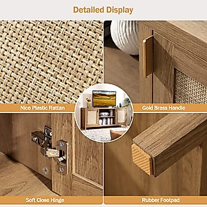 SICOTAS Rattan TV Stand for 65 Inch TV: 26" Tall TV Console with Storage Cabinet and Adjustable Shelf, 59" Boho Entertainment Center, Media Console, Modern Wood TV Stands for Living Room, Bedroom, Oak