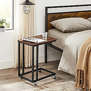 VASAGLE End Table, C Shaped TV Tray with Metal Frame Rolling Casters, Industrial Side Table for Living Room Bedroom, 19.7 x 13.8 x 23.6 Inches, Dark Walnut and Black