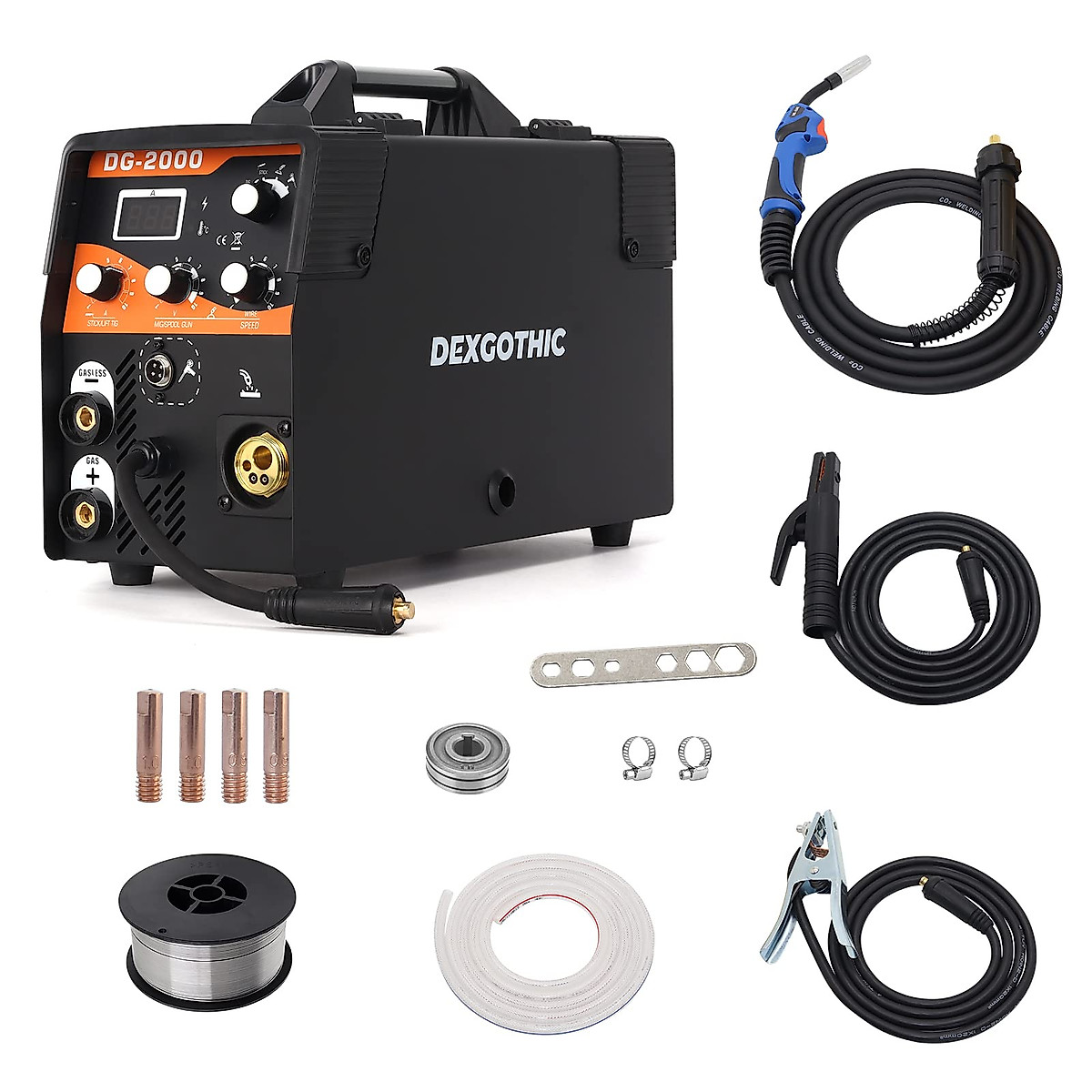 Aluminum MIG Welder 200Amp 220V DG-2000 5 in 1 Multi-Process Mig/Fluxcore/Stick/Lift Tig/Spool gun IGBT Inverter Welder Flux Core/Solid Wire 2/10LBS Supports Welding Aluminum with Spool Gun