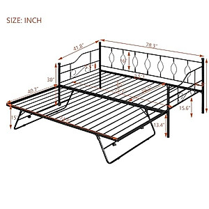 RORIGAT Twin Daybed with Trundle, Metal Day Bed with Adjustable Trundle, Twin to King Daybed with Portable Folding Trundle for Kids Teens Adults, Heavy Duty Steel Slat Support, Black