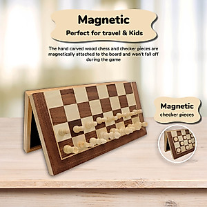 Funshpiel Magnetic Wood Checkers and Chess Set – Premium Handcrafted Chess Board Set with 2 Extra Queens, Chess and Checkers Set for Kids and Adults, Compact and Foldable Design, 15-inch Board Games