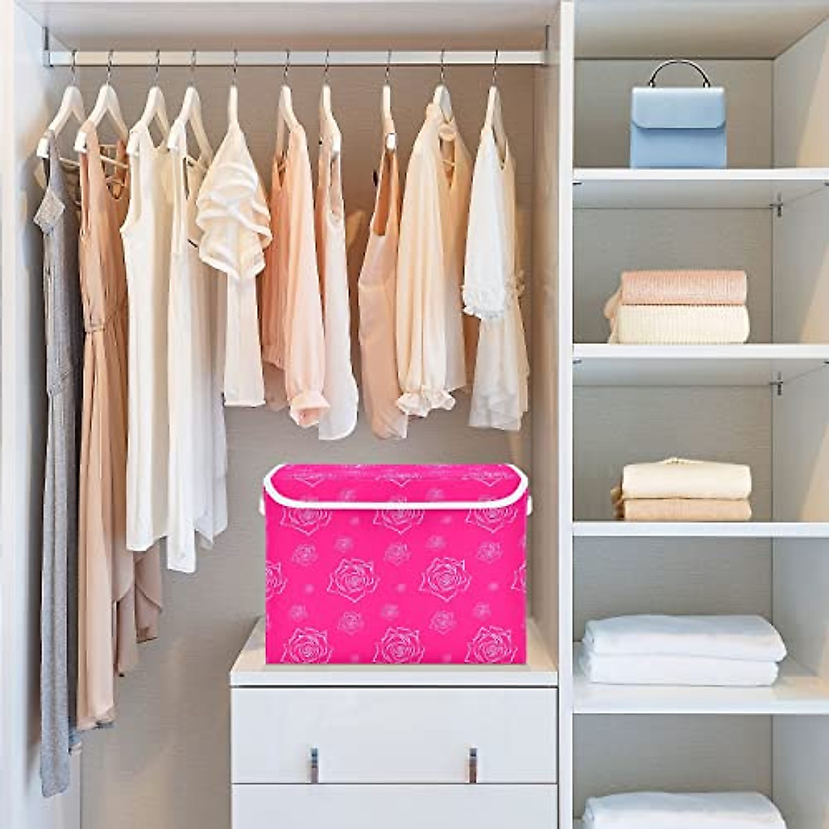 CaTaKu Roses Hot Pink Storage Bins with Lids Fabric Large Storage Container Cube Basket with Handle Decorative Storage Boxes for Organizing Clothes Shelves