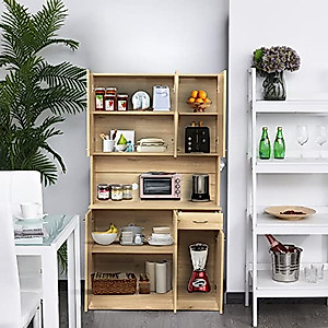 71" Kitchen Pantry Cabinet, Freestanding Floor Cabinet with 6-Doors & Microwave Stand, Sideboard Buffet Cabinet Hutch Cupboard, Tall Storage Cabinet for Kitchen, Dinning Room, Living Room (Oak)