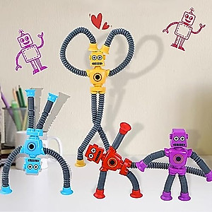 Bendable Robot Figures, Set of 4 Flexible Men, Telescopic Suction Cup Robot Toy, Telescopic Pop Tubes, Fidget Tubes Sensory Toys for Girls Boys